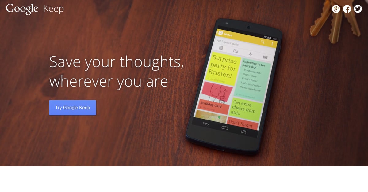 Google Keep — One Page Website Award