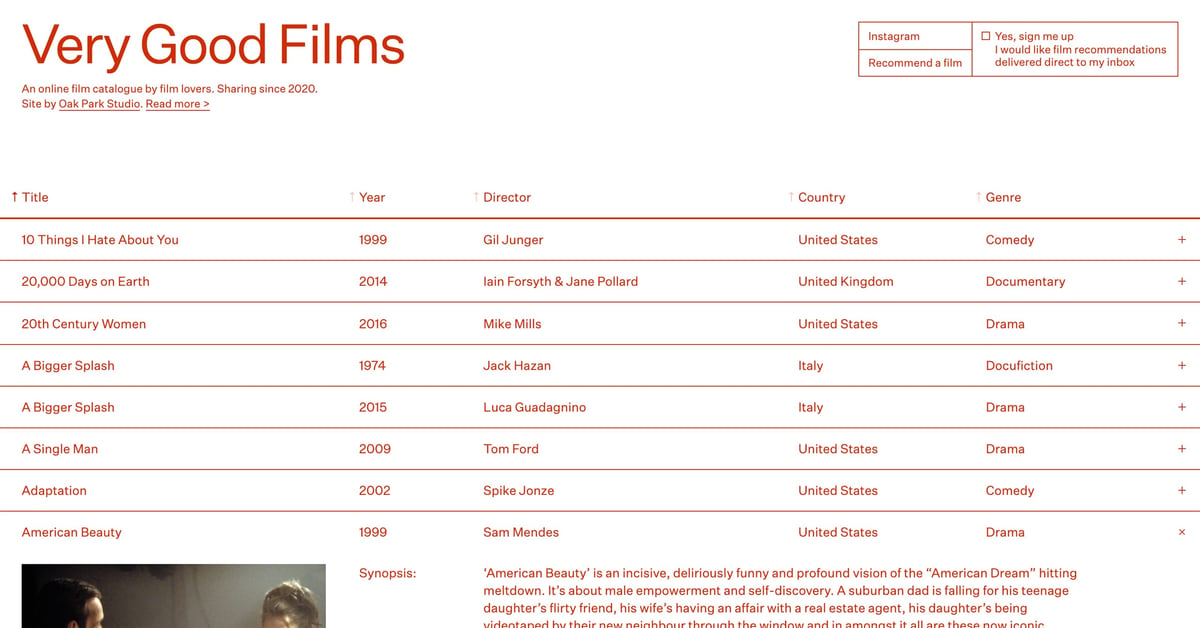 Very Good Films — One Page Website Award